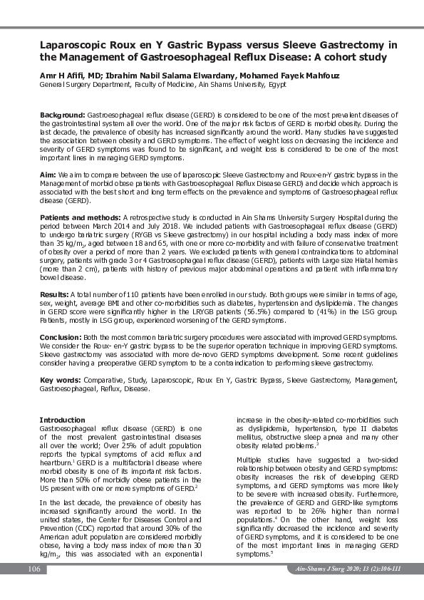 (PDF) Laparoscopic Roux en Y Gastric Bypass versus Sleeve Gastrectomy in the Management of ...