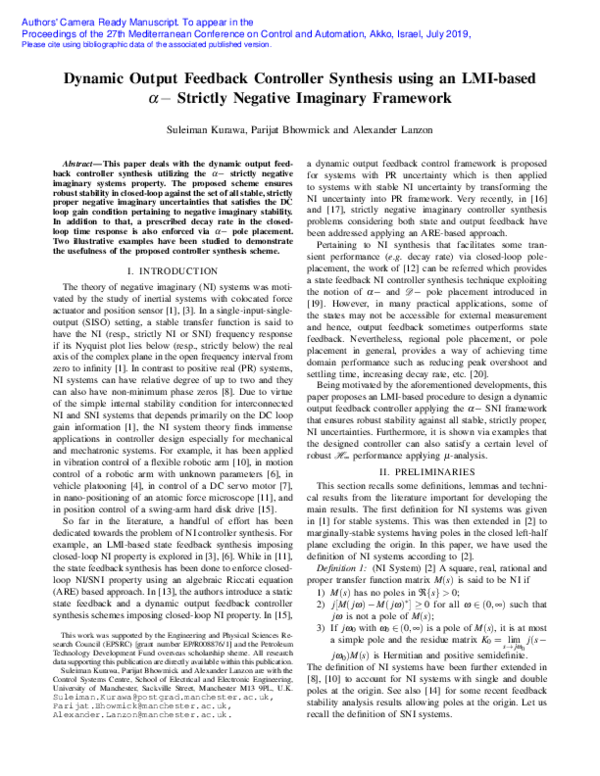 Pdf Dynamic Output Feedback Controller Synthesis Using An Lmi Based α Strictly Negative