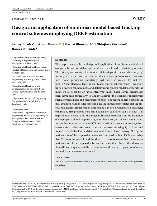 (PDF) Design and application of nonlinear model‐based tracking control schemes employing DEKF ...