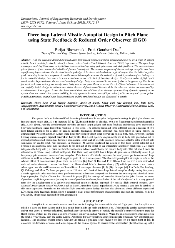 (PDF) Three loop Lateral Missile Autopilot Design in Pitch Plane using State Feedback & Reduced ...