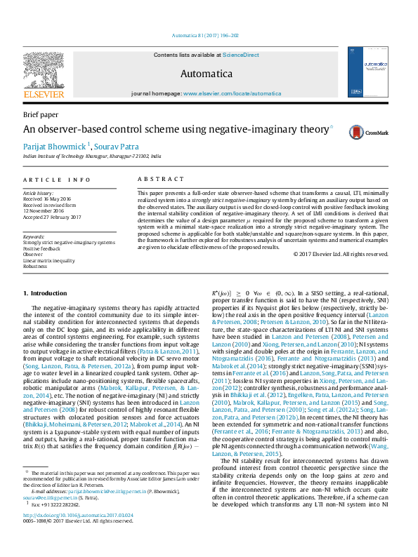 (PDF) An observer-based control scheme using negative-imaginary theory
