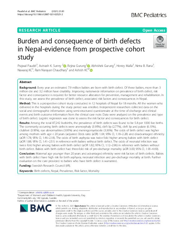 (PDF) Burden and consequence of birth defects in Nepal-evidence from ...