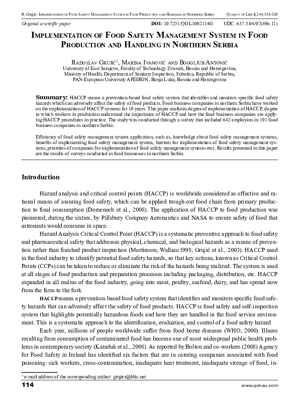 (PDF) Implementation of Food Safety Management System in Food ...