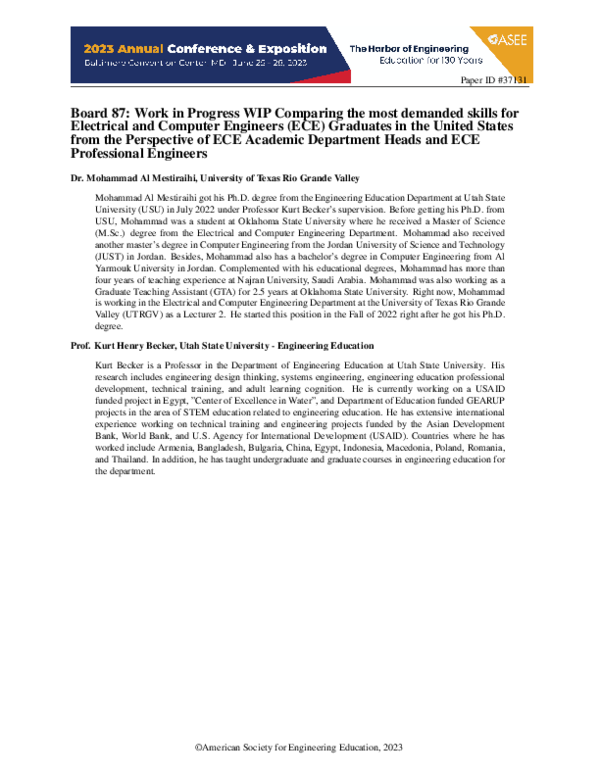 (PDF) Board 87: Work in Progress WIP Comparing the most demanded skills for Electrical and ...