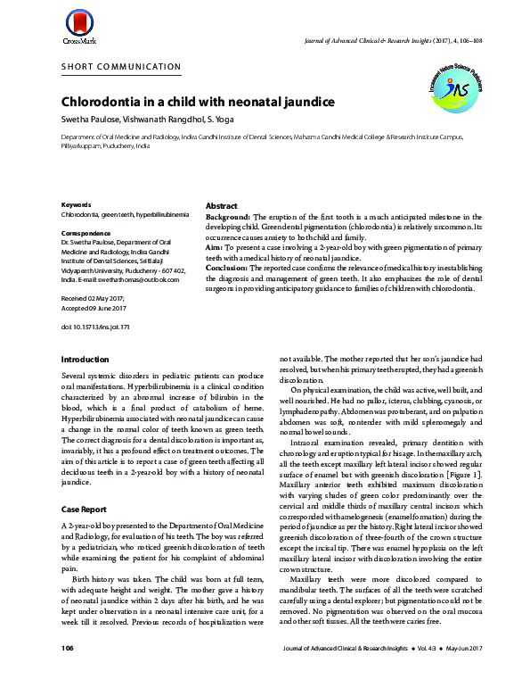 (PDF) Chlorodontia in a child with neonatal jaundice