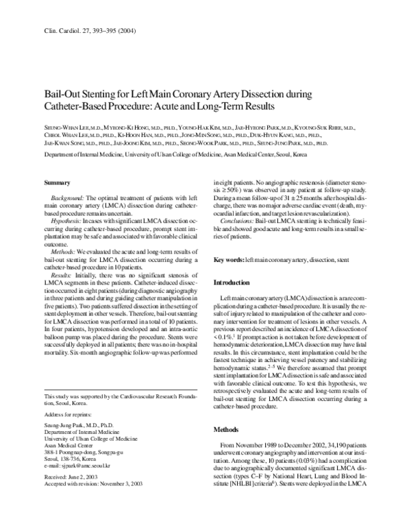 (PDF) Bail‐out stenting for left main coronary artery dissection during ...