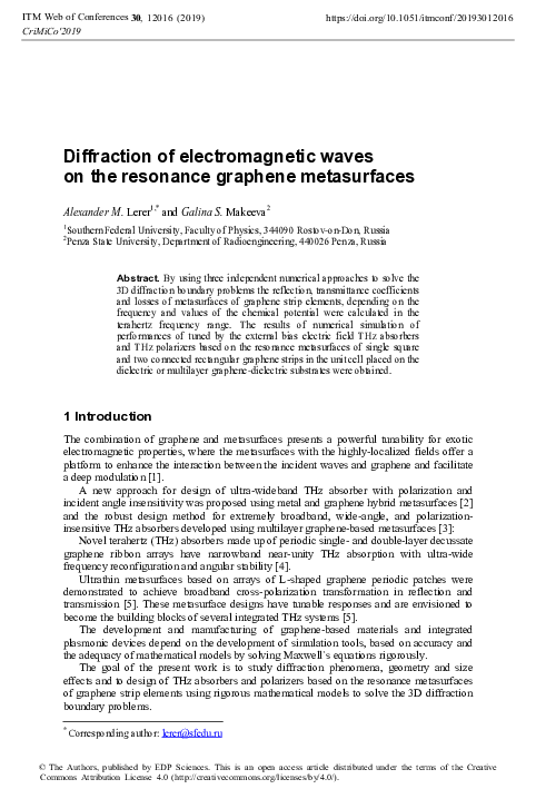 (PDF) Diffraction of electromagnetic waves on the resonance graphene metasurfaces