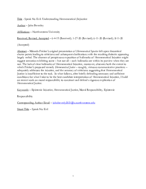 (PDF) Speak No Evil: Understanding Hermeneutical (In)justice