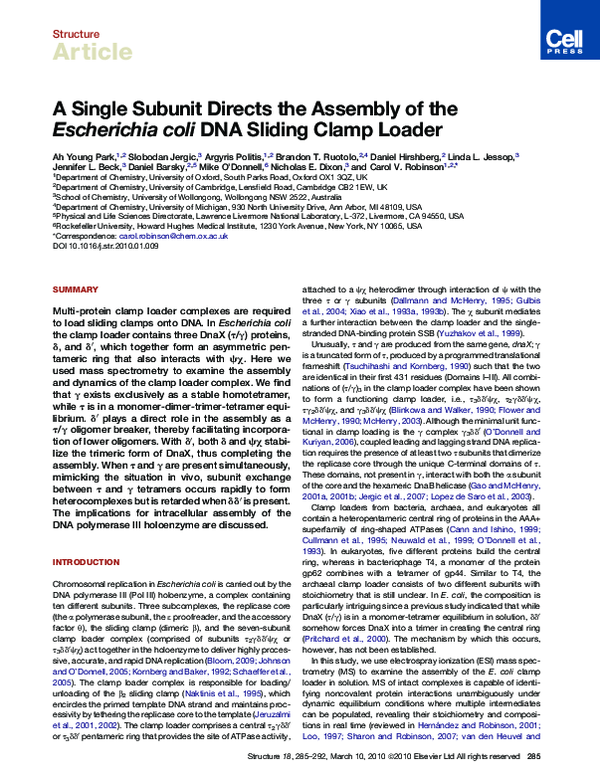 (PDF) A Single Subunit Directs the Assembly of the Escherichia coli DNA ...