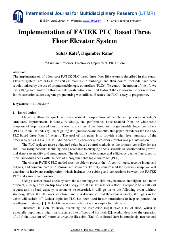 (PDF) Implementation of FATEK PLC Based Three Floor Elevator System