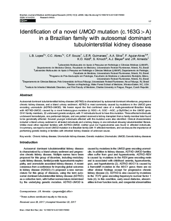 (PDF) Identification of a novel UMOD mutation (c.163G>A) in a Brazilian ...