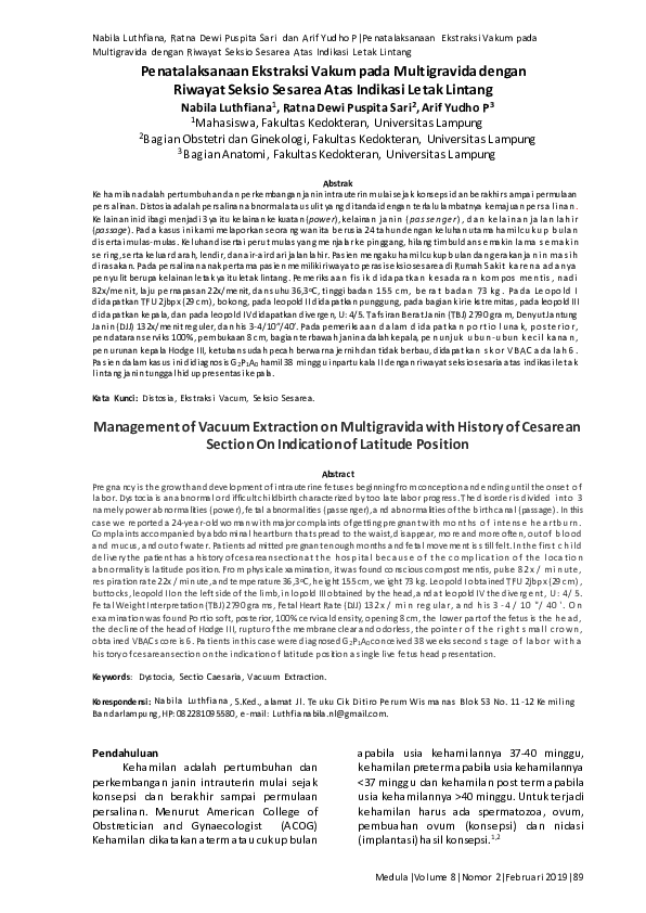 (PDF) Penatalaksanaan Ekstraksi Vakum pada Multigravida dengan Riwayat ...