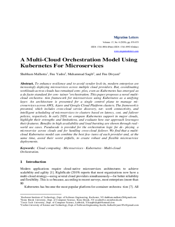 (PDF) A Multi-Cloud Orchestration Model Using Kubernetes For Microservices