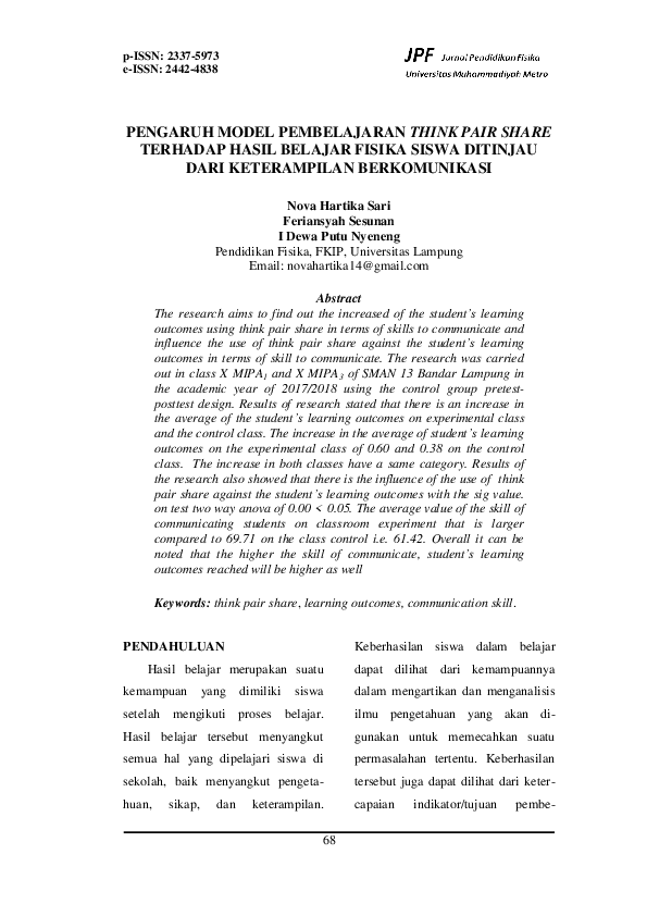 (PDF) Pengaruh Model Pembelajaran Think Pair Share Terhadap Hasil Belajar Fisika Siswa Ditinjau ...