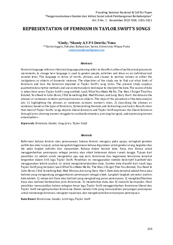 (PDF) Representation of Feminism in Taylor Swift’s Songs