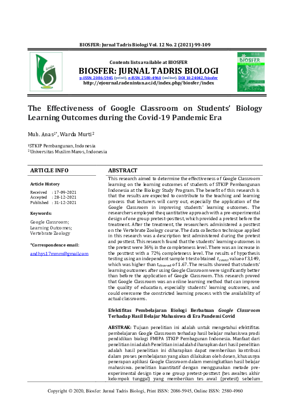 (PDF) The Effectiveness of Google Classroom Learning Applications on Student Learning Outcomes