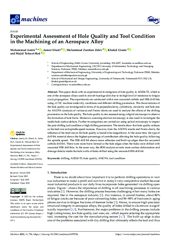 (PDF) Experimental Assessment of Hole Quality and Tool Condition in the ...