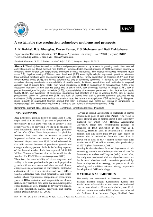 (PDF) A sustainable rice production technology: problems and prospects