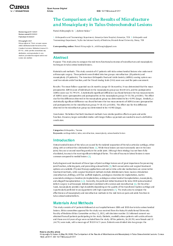 (PDF) The Comparison of the Results of Microfracture and Mosaicplasty ...