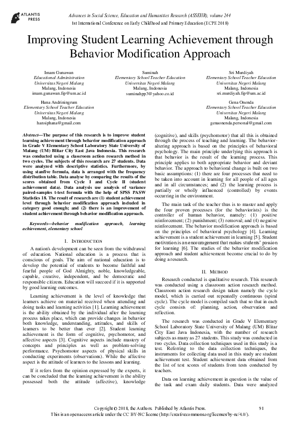(PDF) Improving Student Learning Achievement through Behavior Modification Approach