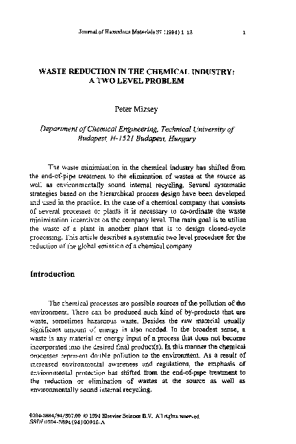 (PDF) Waste reduction in the chemical industry: a two level problem
