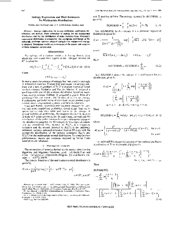 (PDF) Entropy expressions and their estimators for multivariate distributions