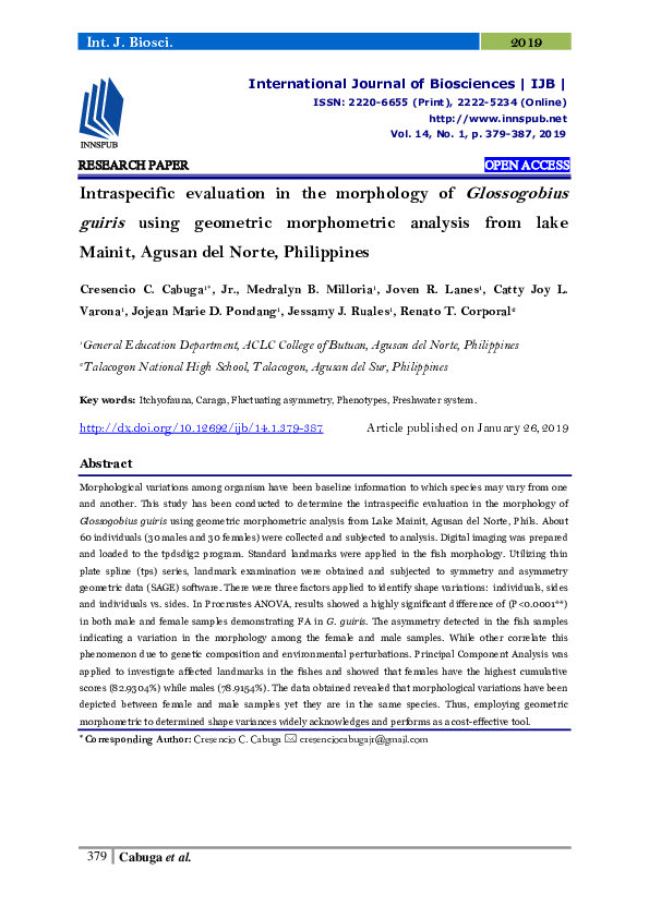 (PDF) Intraspecific evaluation in the morphology of Glossogobius guiris using geometric ...