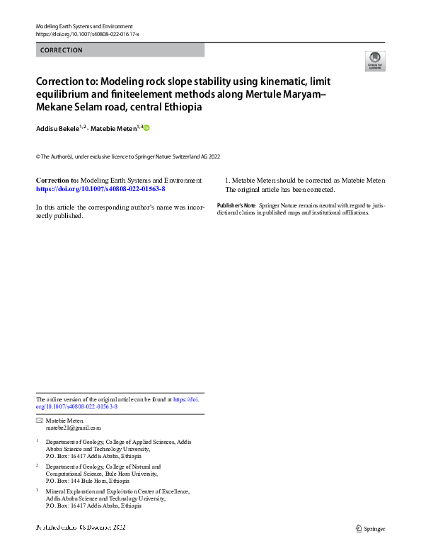 (PDF) Correction to: Modeling rock slope stability using kinematic, limit equilibrium and ...