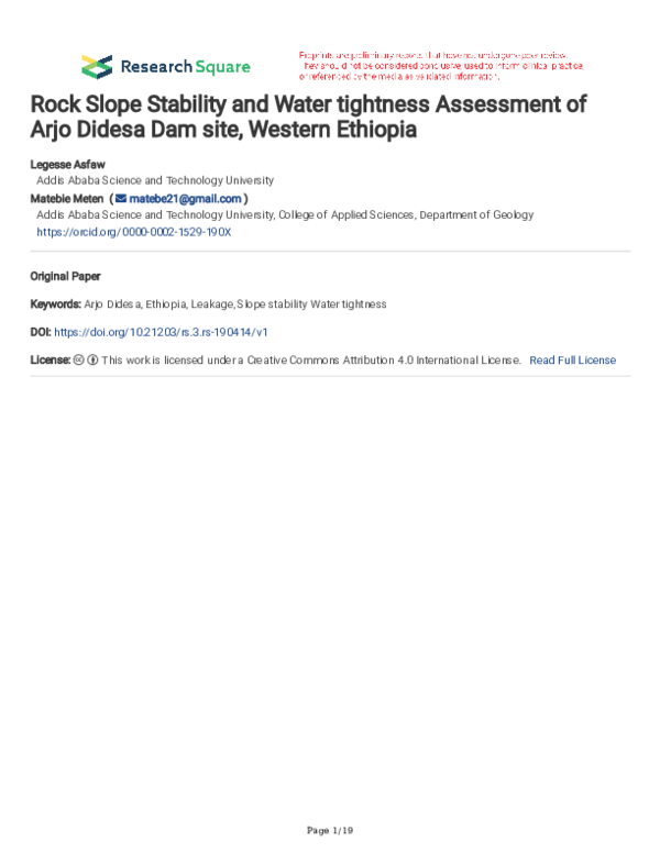 (PDF) Rock Slope Stability and Water tightness Assessment of Arjo Didesa Dam site, Western Ethiopia