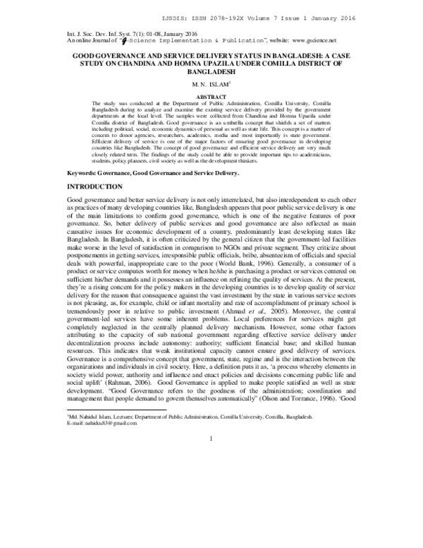 (PDF) GOOD GOVERNANCE AND SERVICE DELIVERY STATUS IN BANGLADESH: A CASE ...