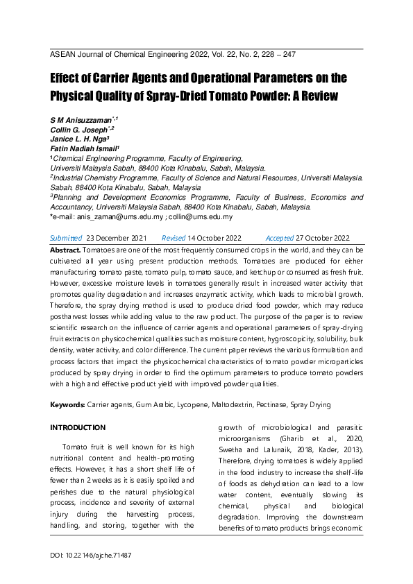 (PDF) Effect of Carrier Agents and Operational Parameters on the Physical Quality of Spray-Dried ...
