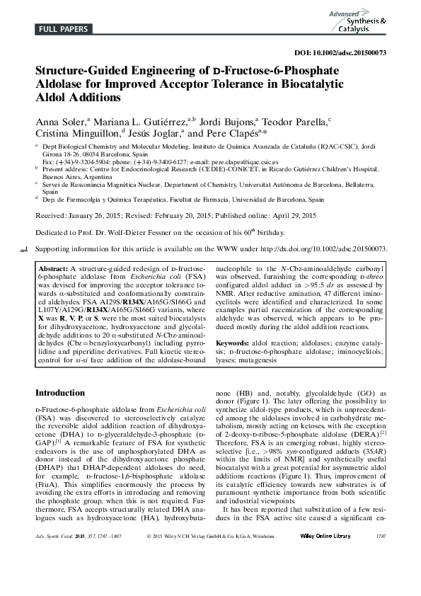(PDF) Structure‐Guided Engineering of D‐Fructose‐6‐Phosphate Aldolase ...