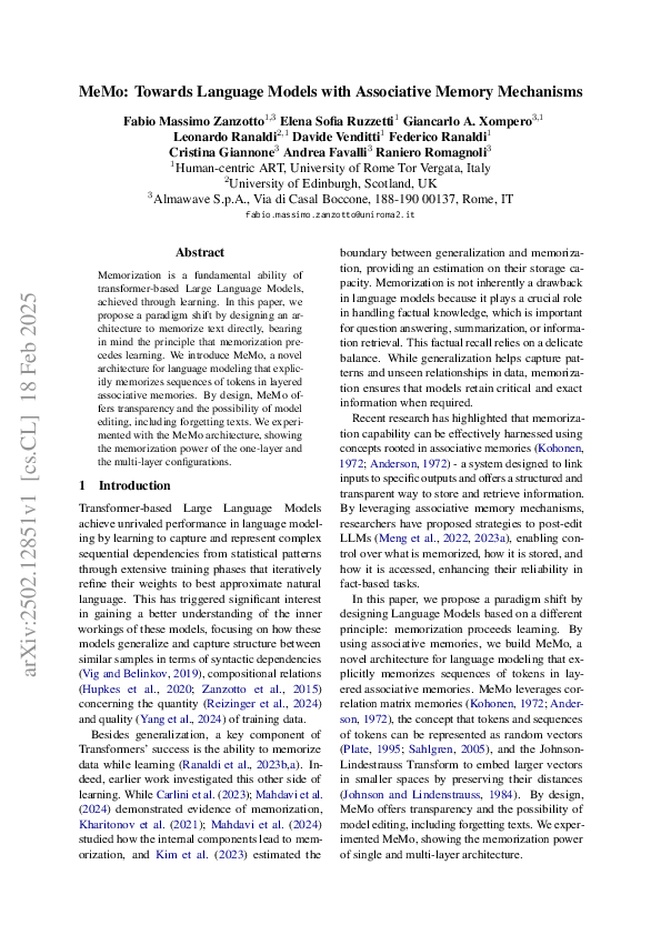 (PDF) MeMo: Towards Language Models with Associative Memory Mechanisms