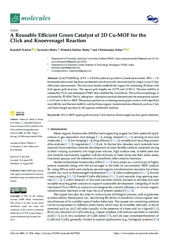(PDF) A Reusable Efficient Green Catalyst of 2D Cu-MOF for the Click ...