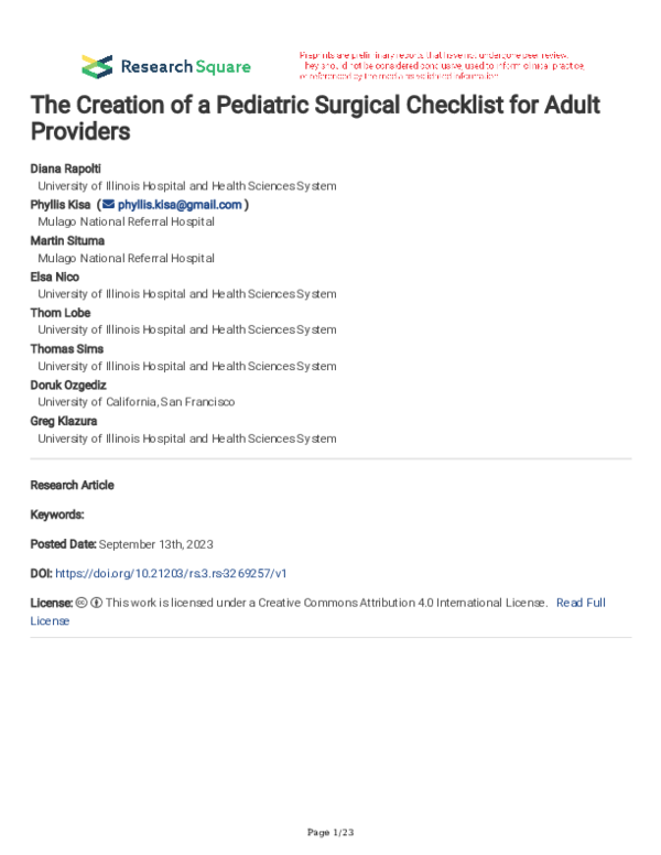 (PDF) The Creation of a Pediatric Surgical Checklist for Adult Providers
