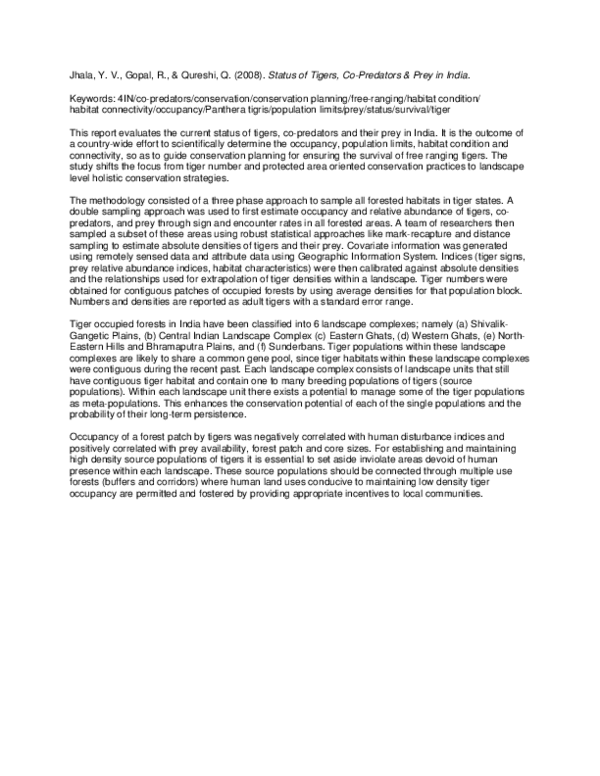 (PDF) Status of Tigers, Co-predators, and Prey in India