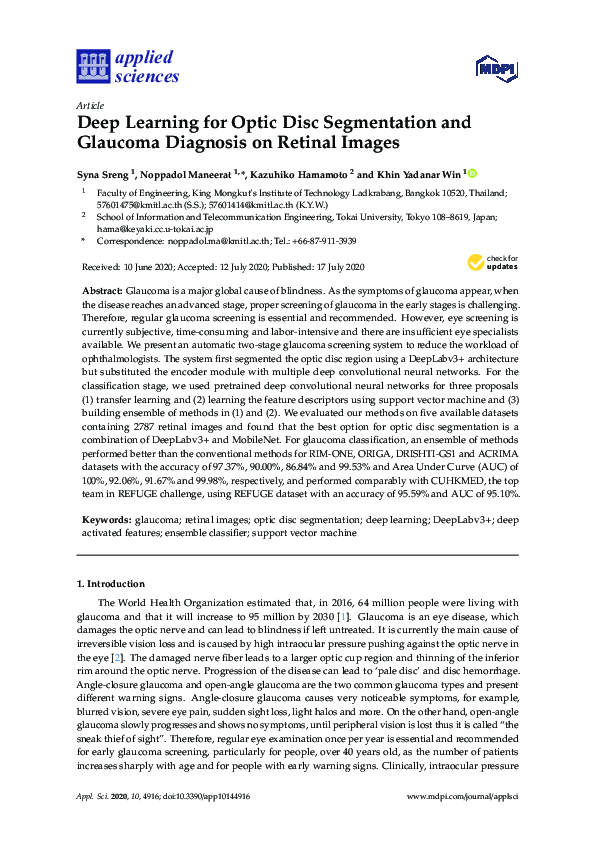 Pdf Deep Learning For Optic Disc Segmentation And Glaucoma Diagnosis On Retinal Images