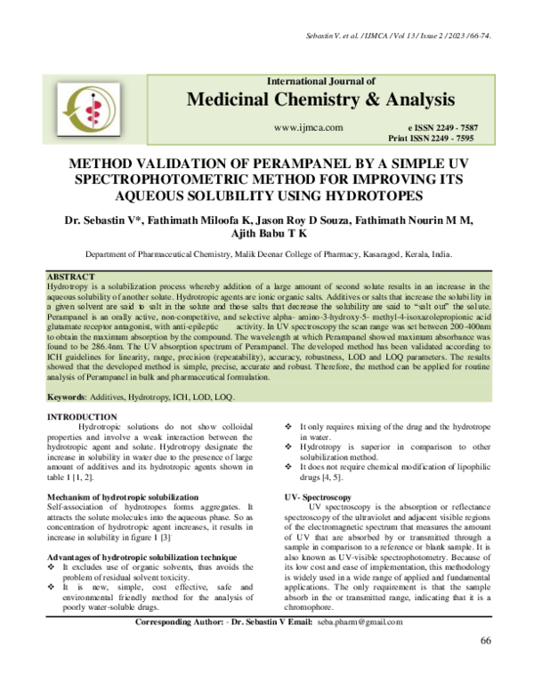 (PDF) METHOD VALIDATION OF PERAMPANEL BY A SIMPLE UV SPECTROPHOTOMETRIC ...