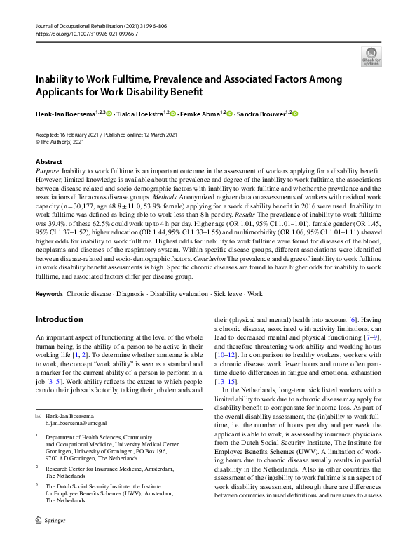 (PDF) Inability to Work Fulltime, Prevalence and Associated Factors ...