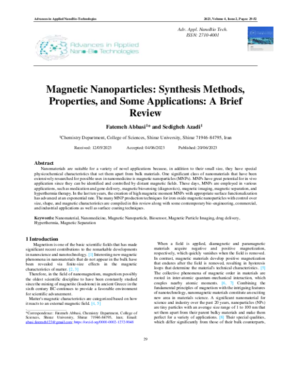 (PDF) Magnetic Nanoparticles: Synthesis Methods, Properties, and Some Applications: A Brief Review