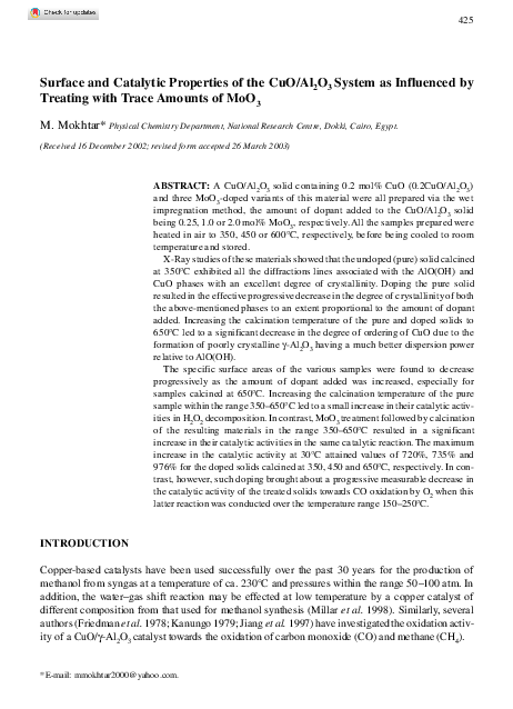 (PDF) Surface and Catalytic Properties of the CuO/Al2O3 System as ...