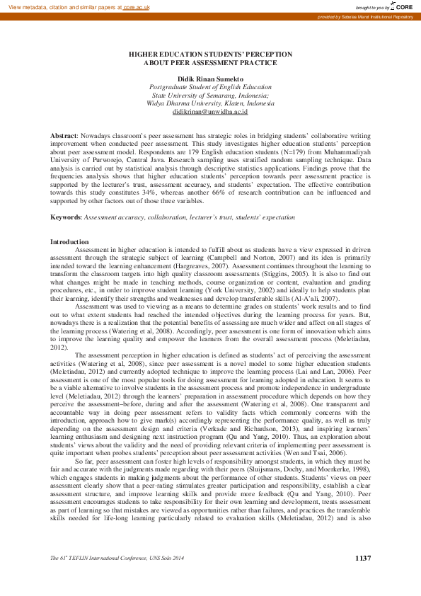 (PDF) Higher Education Students’ Perceptionabout Peer Assessment Practice