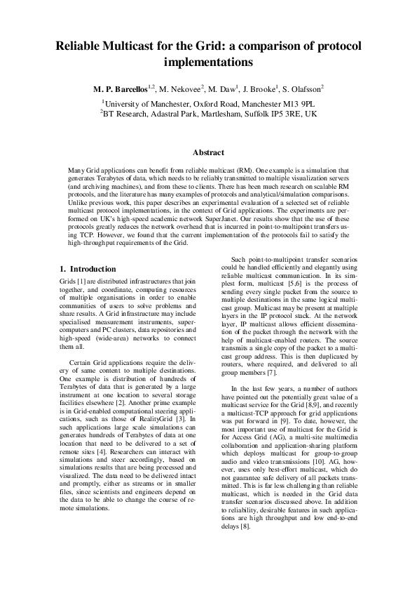 (PDF) Reliable Multicast for the Grid: a comparison of protocol implementations