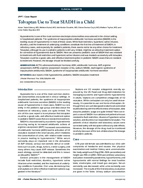 (PDF) Tolvaptan Use to Treat SIADH in a Child