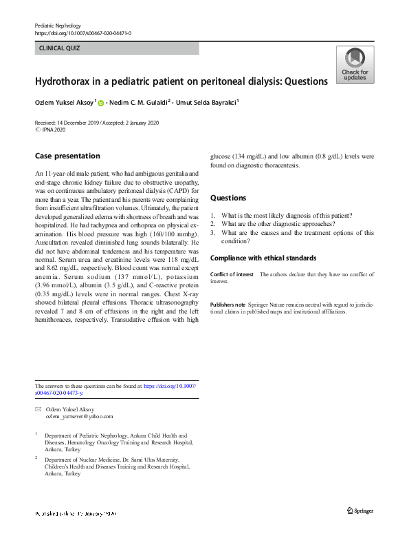 (PDF) Hydrothorax in a pediatric patient on peritoneal dialysis: Questions