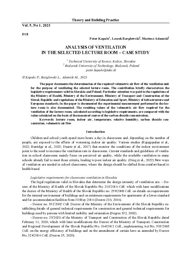 (PDF) Analysis of ventilation in the selected lecture room – case study
