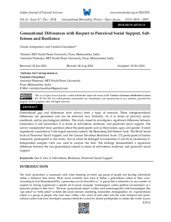 (PDF) Generational Differences with Respect to Perceived Social Support, Self-Esteem and Resilience
