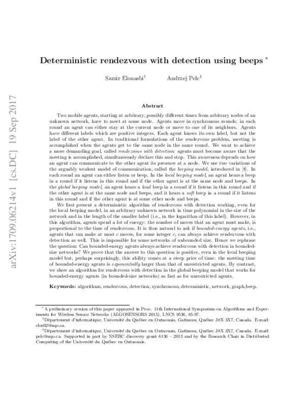 (PDF) Deterministic Rendezvous with Detection Using Beeps