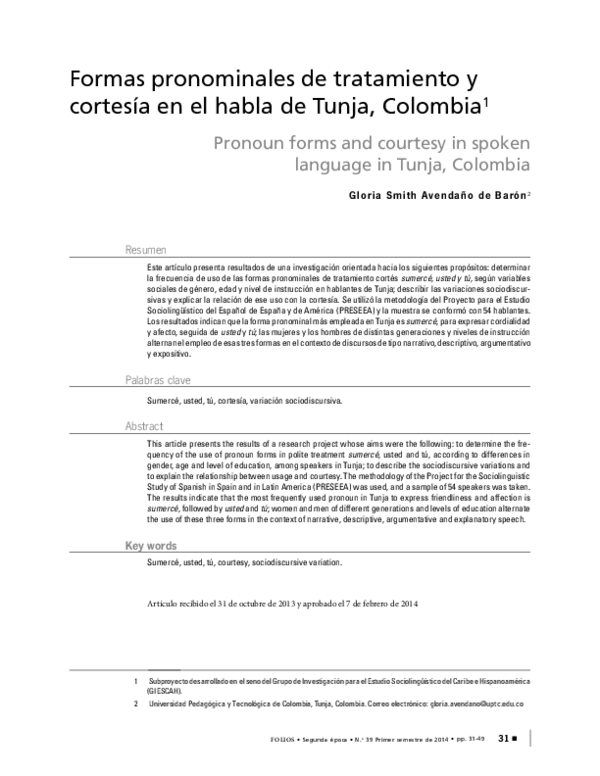(PDF) Pronoun forms and courtesy in spoken language in Tunja, Colombia