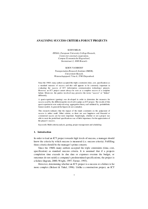 (PDF) Analysing Success Criteria for Ict Projects
